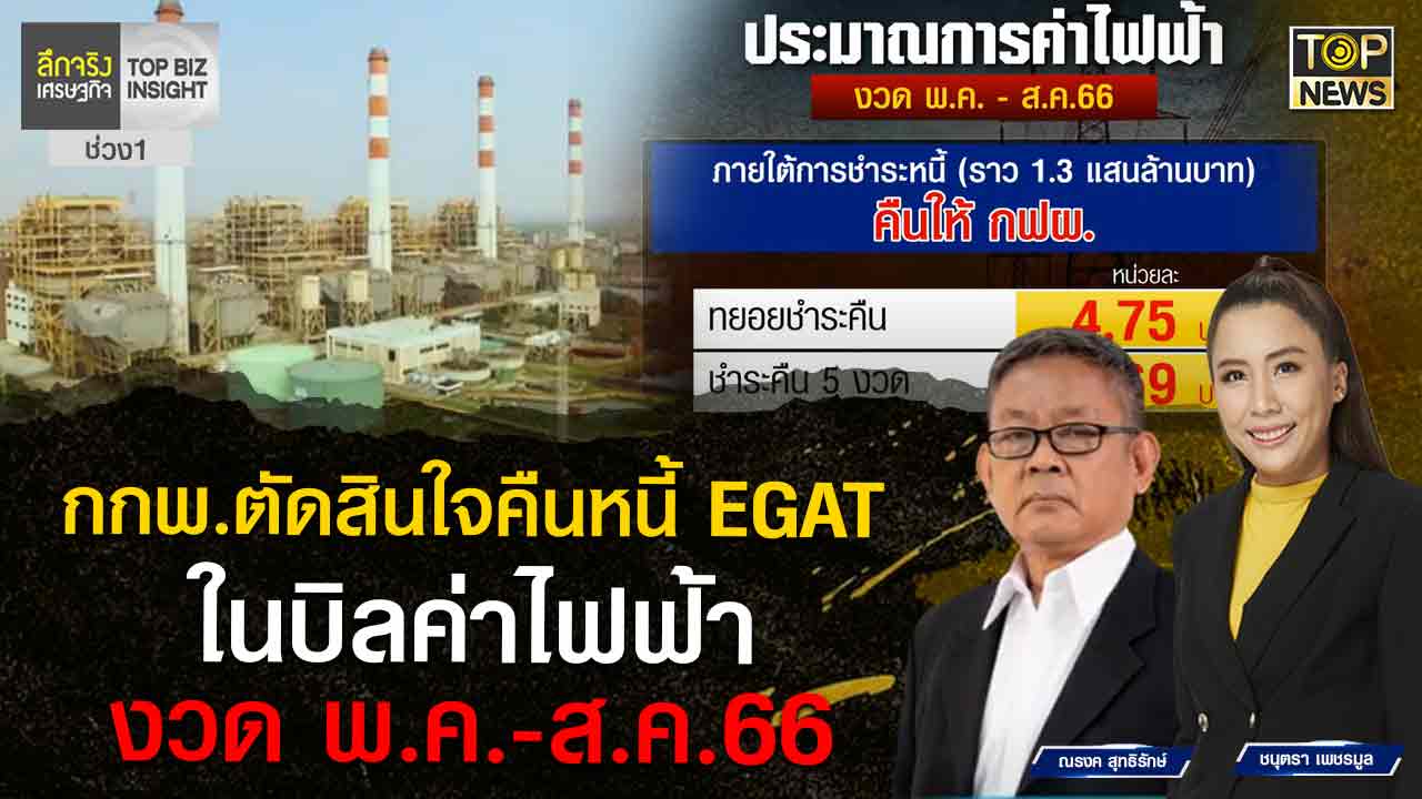 กกพ.ตัดสินใจคืนหนี้ EGAT ในบิลค่าไฟฟ้า งวด พ.ค.-ส.ค.66 | TOPNEWS
